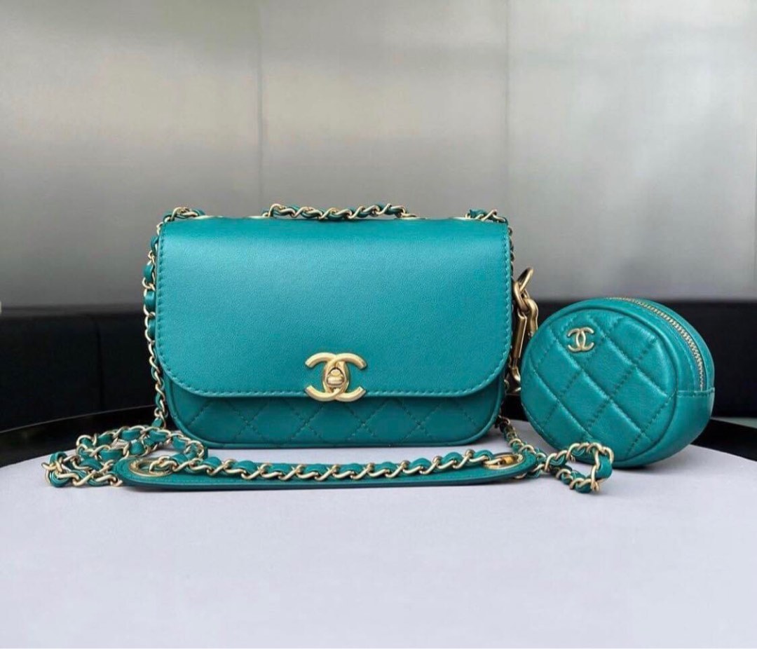 Chanel Multi Pouching Flap in Calfskin Turquoise Color GHW Series 28 ...
