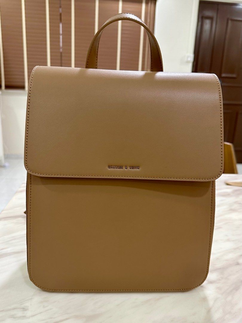 Charles & Keith Front Flap Structured Backpack - Brown, Women's Fashion ...
