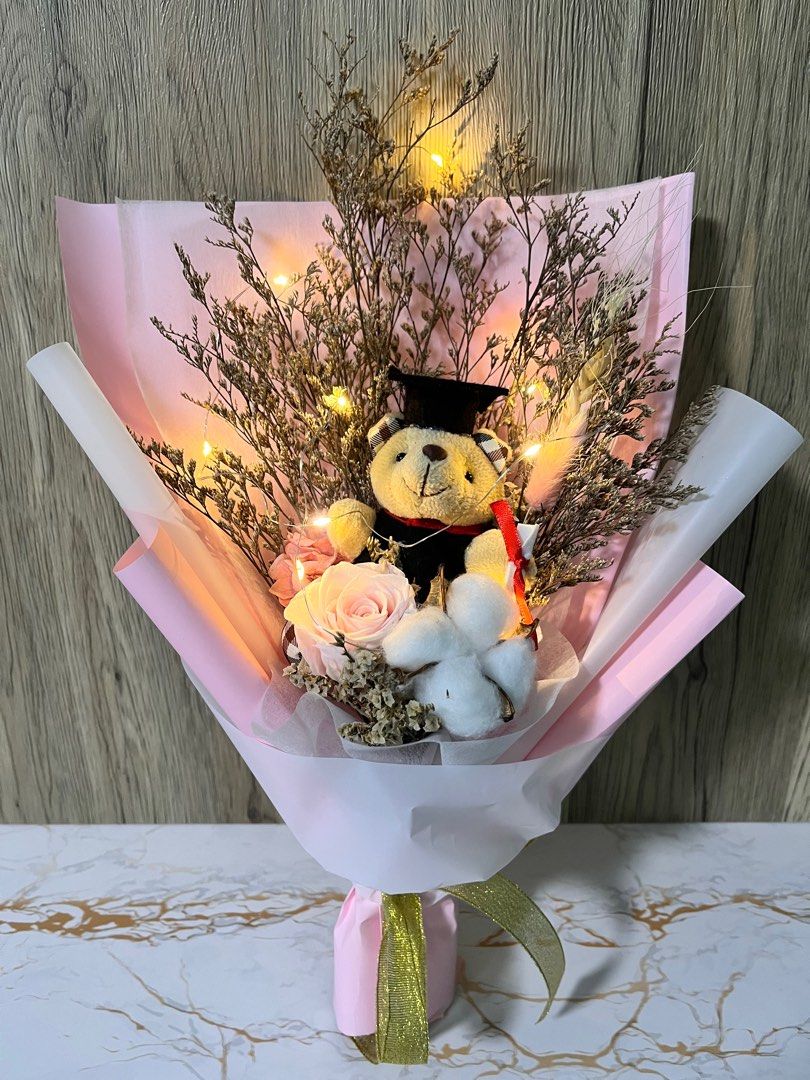 Graduation bear Preserved rose cotton flower bouquet for convocation ...