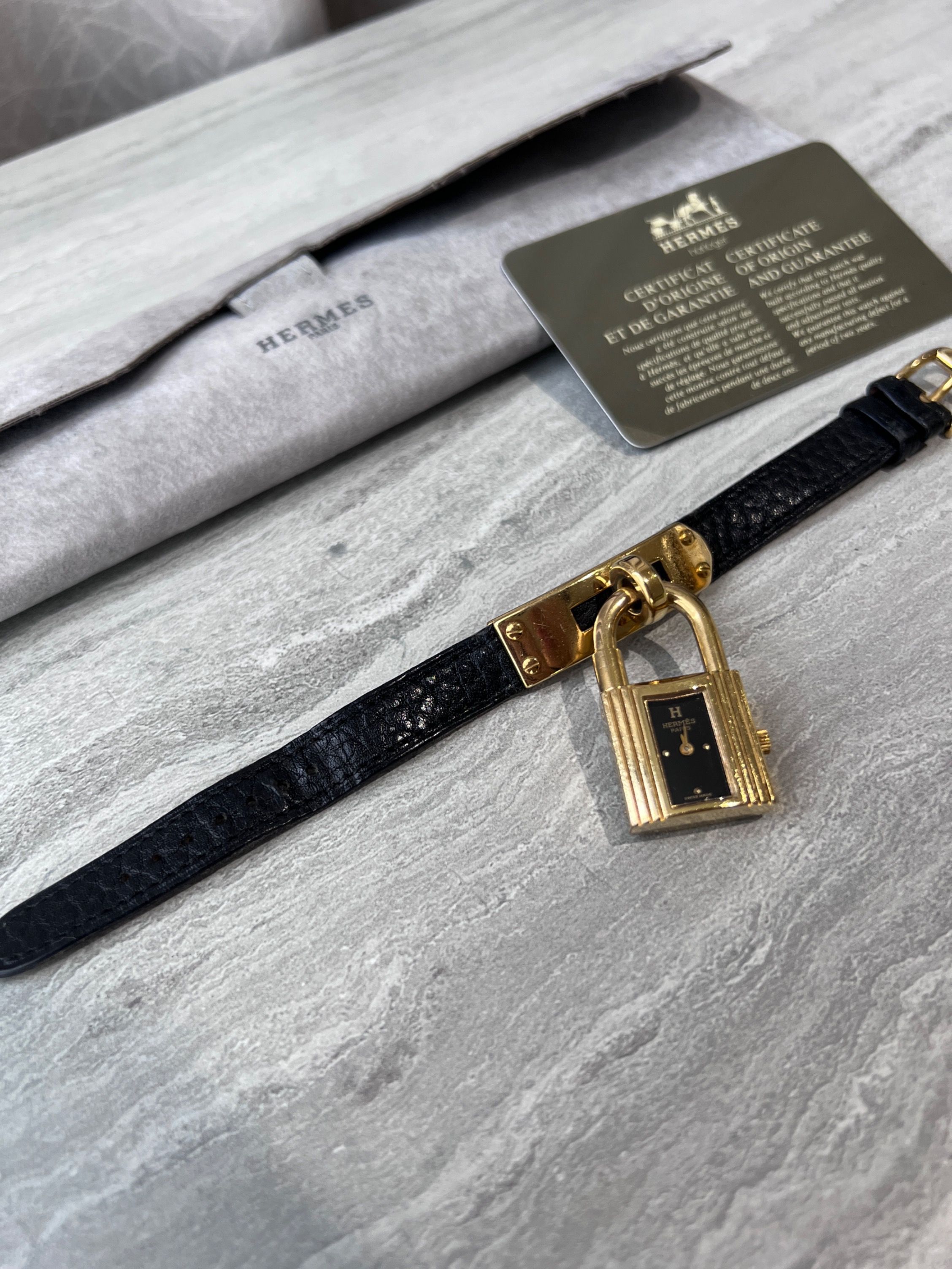 Hermes Kelly Watch, Vintage Black Leather GHW, Luxury, Watches on Carousell