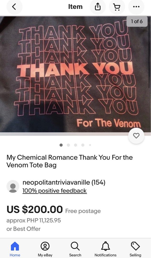 RARE My Chemical Romance Official Merch Black Tote Bag Thank you for ...