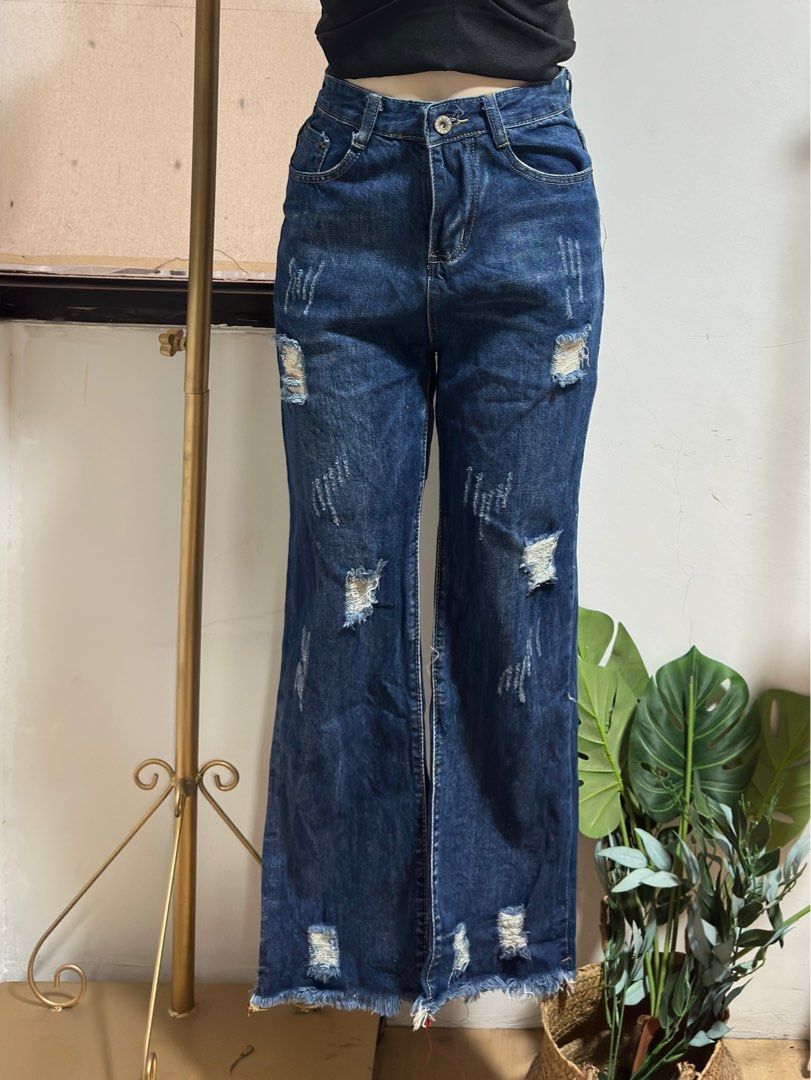 Tattered ripped baggy flare denim maong pants jeans, Women's Fashion ...