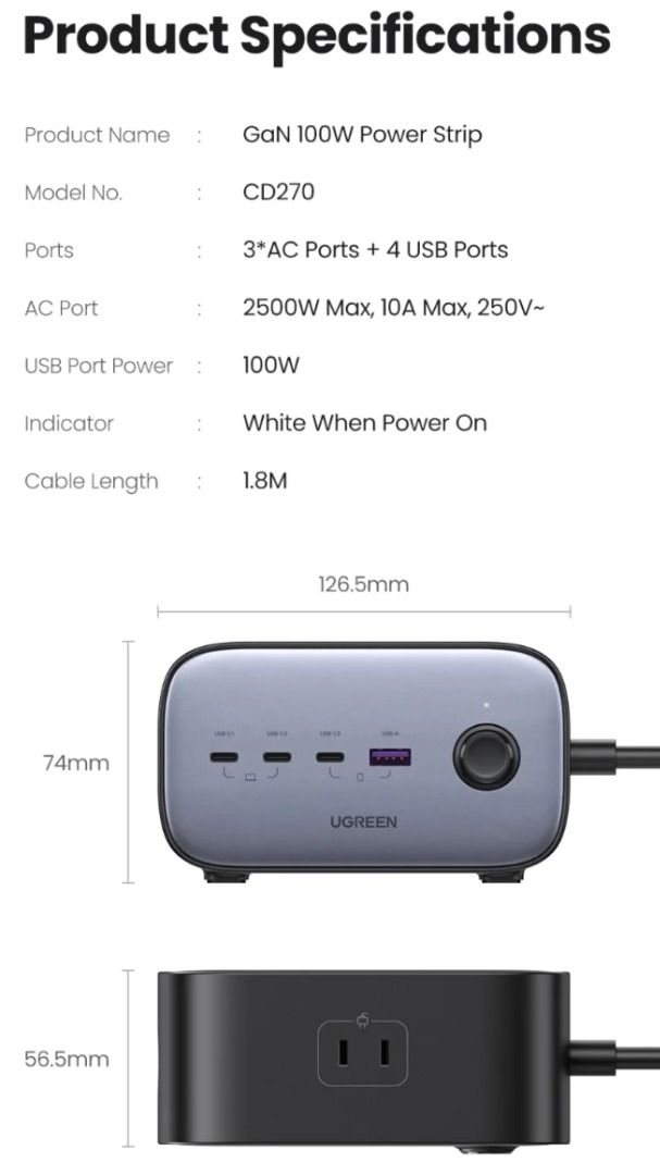 UGREEN GaN Power Socket, DigiNest Pro 100W USB C Charging Station, 7-in ...