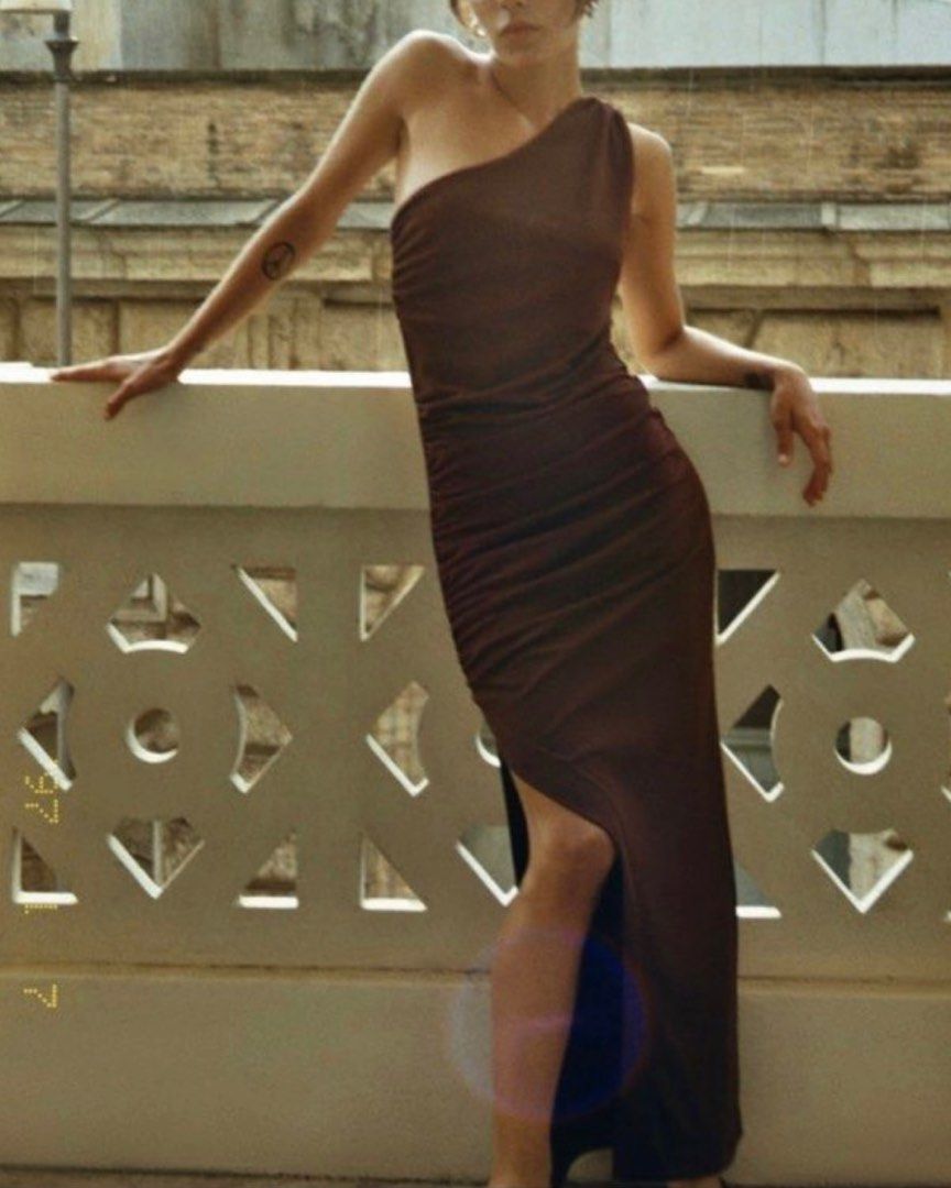 ZARA Toga Ruched Slit Midi Dress, Women's Fashion, Dresses & Sets, Dresses on Carousell