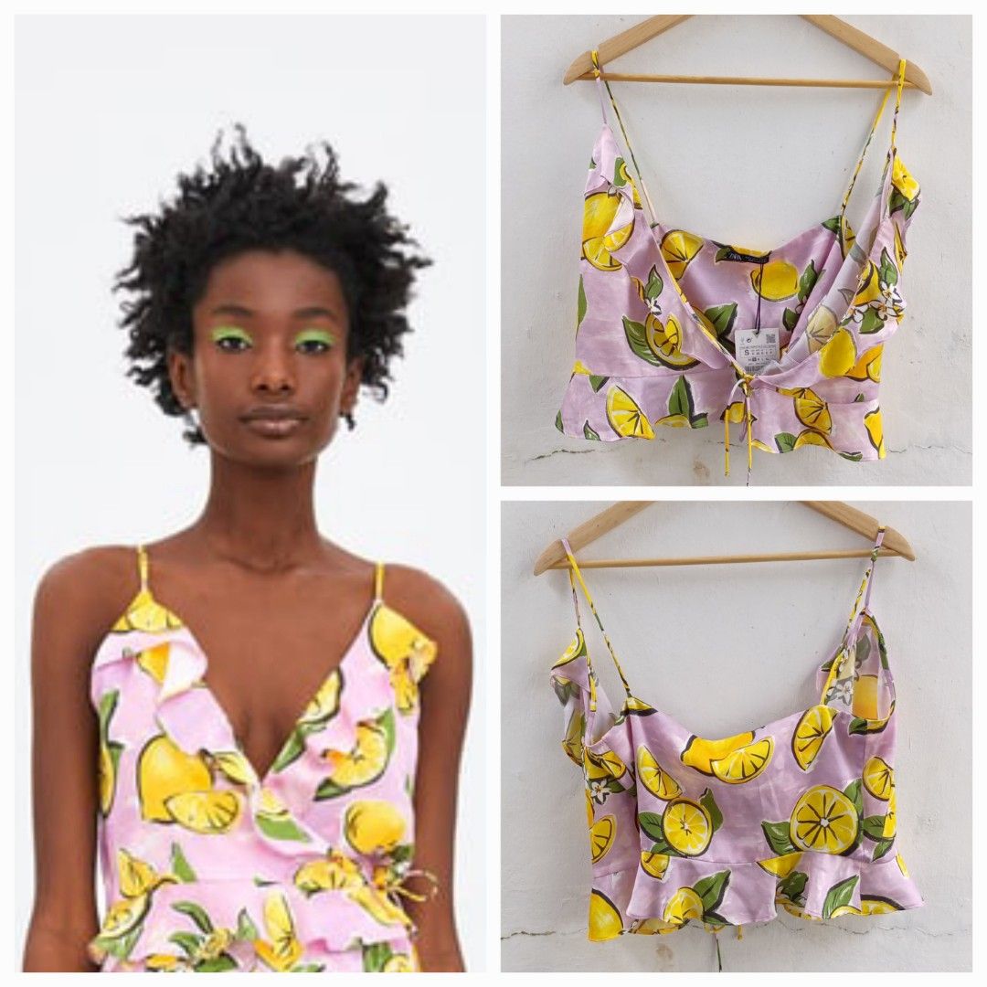 ZARA WOMAN LEMON PRINT TOP BARU ASLI ORIGINAL, Fesyen Wanita, Pakaian ...