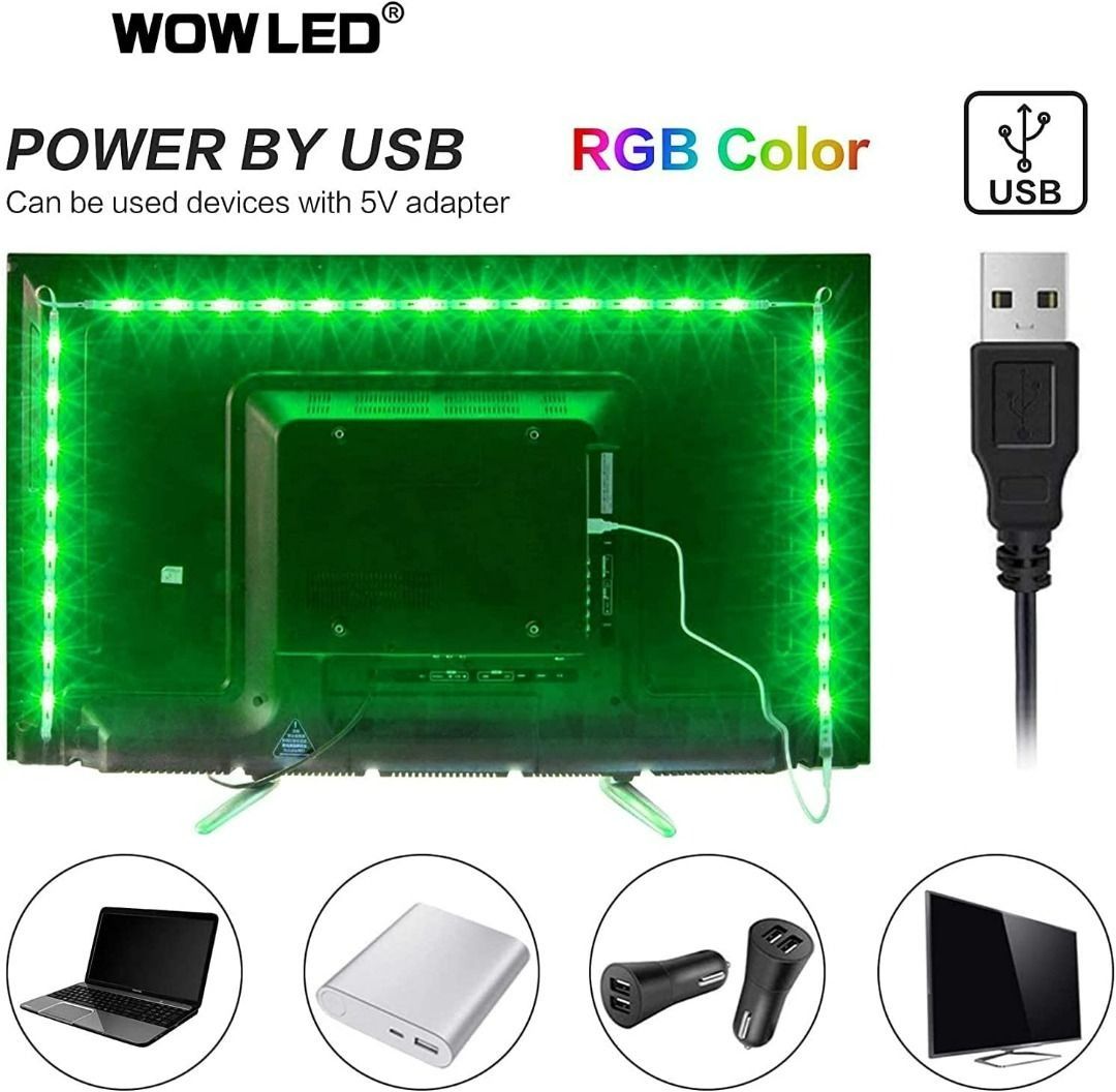 2942) WOWLED RGB LED TV BACKLIGHT 2M 60LEDS USB POWERED MULTI COLOR SMD 5050 LIGHTS STRIP KIT ...