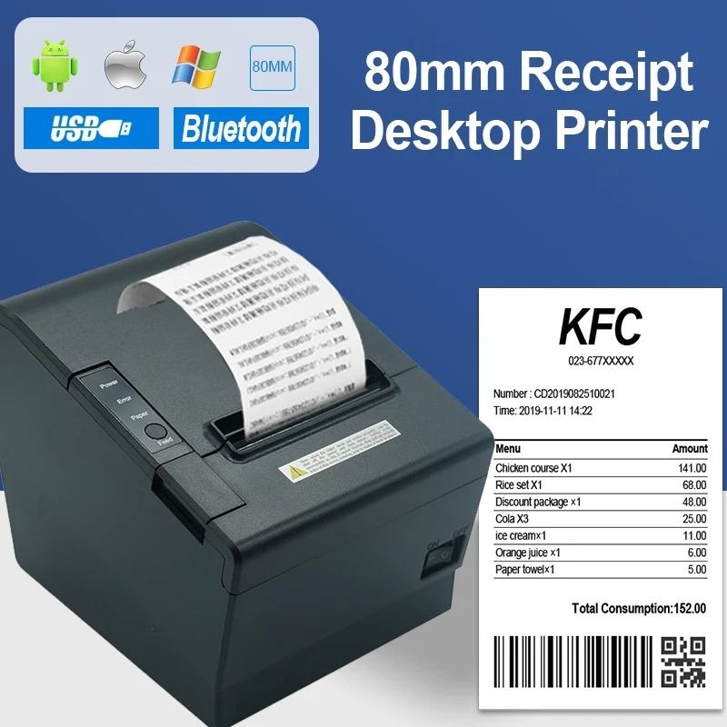 80mm Thermal Receipt Desk Printer Automatic Cutter Restaurant Kitchen ...