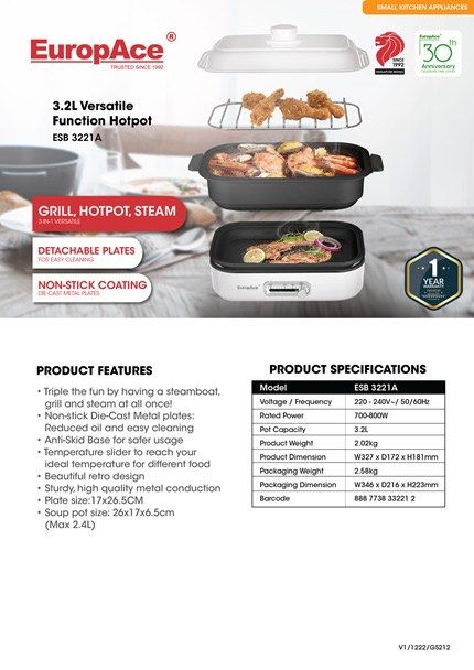 ( Free delivery )3 in 1 EuropAce NEW Hot Pot / Steamboat with Grill ...