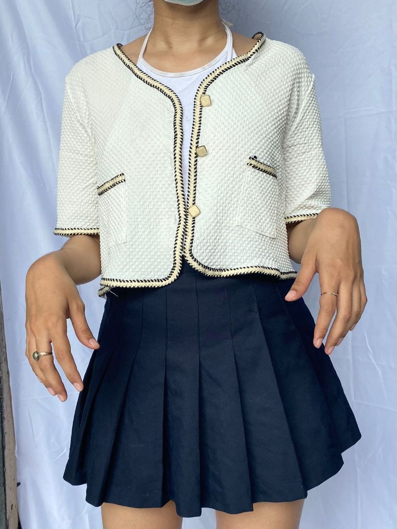 Blazer Outer Crop Lengan Pendek White, Fesyen Wanita, Pakaian Wanita ...