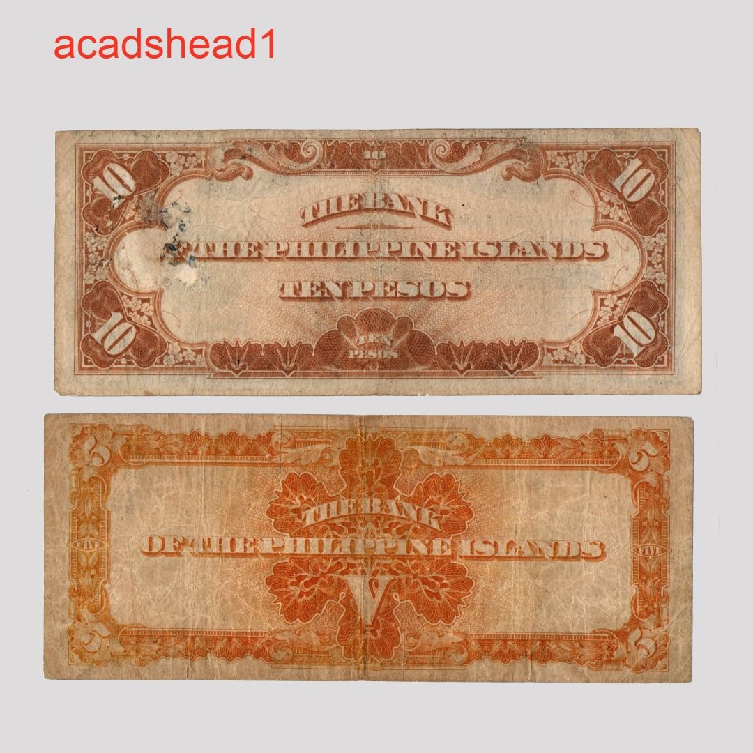 BPI 5p 10p 1933 Pesos Banknotes Set of 2 Bank of the Philippine Islands ...