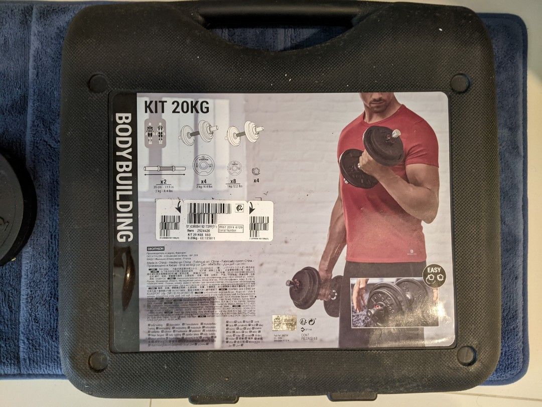 Decathlon 20kg dumbbell set with case + 2kg extra plates, Sports ...
