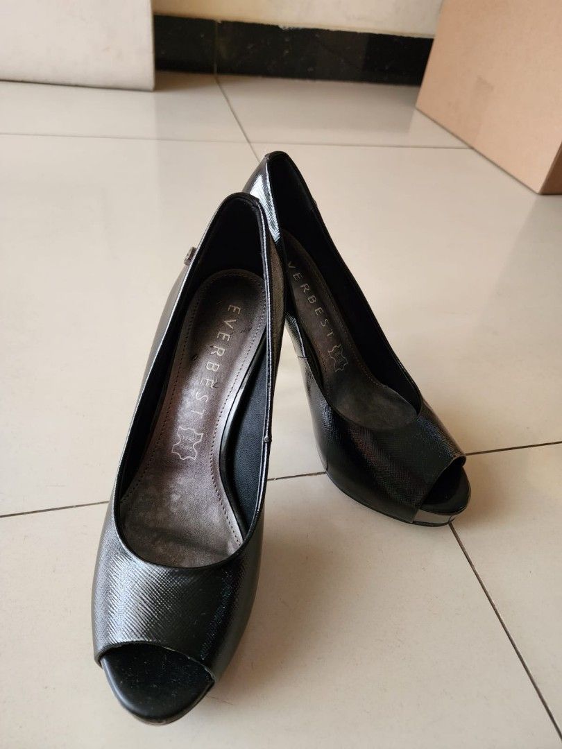 EVERBEST Open Toe Black High Heels Full Leather Sepatu Kulit Hitam Tinggi Wanita on Carousell