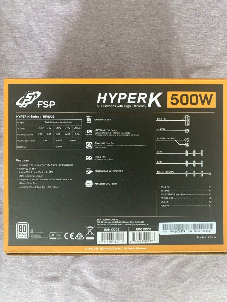 FSP Hyper K 500W 80 Plus 230V, Computers & Tech, Parts & Accessories ...