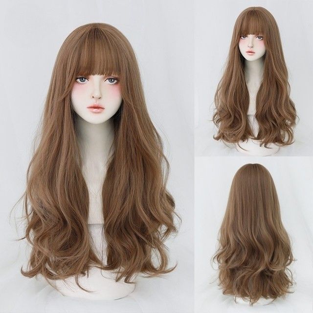 [INSTOCK] (Light Brown) Korean Curly Wavy Airy Bangs Long Hair Wig ...
