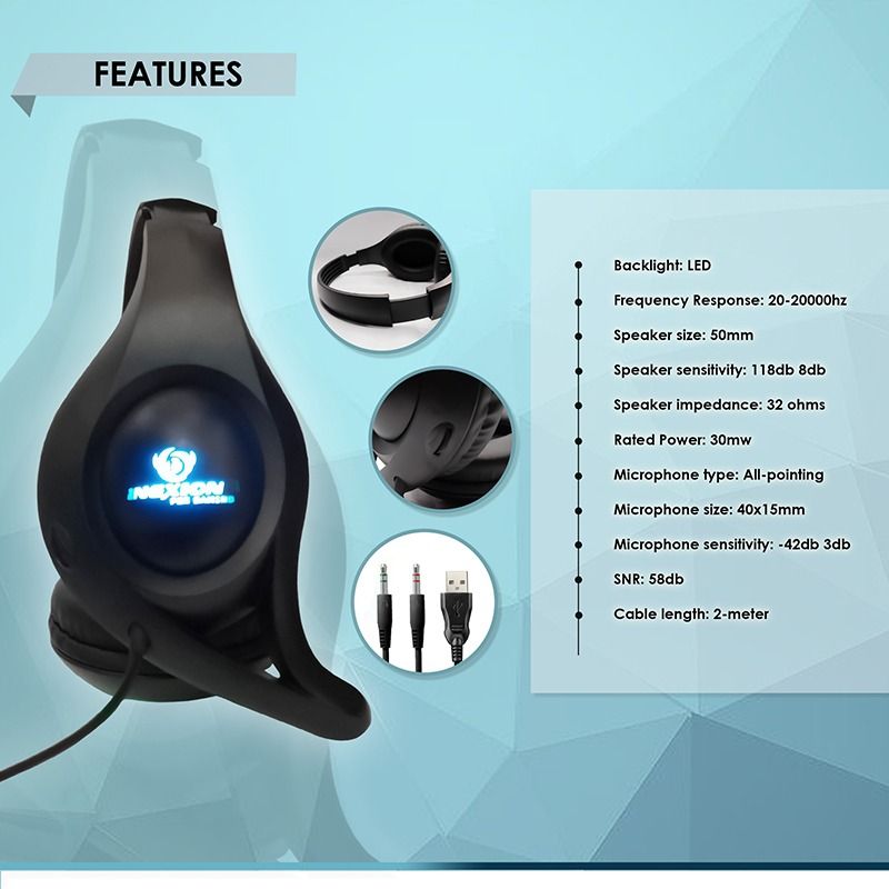 NEXION GH-05 GAMING HEADSET LED LIGHT, 2-meter CABLE USB WIRED with MICROPHONE and AUDIO, BLACK ...