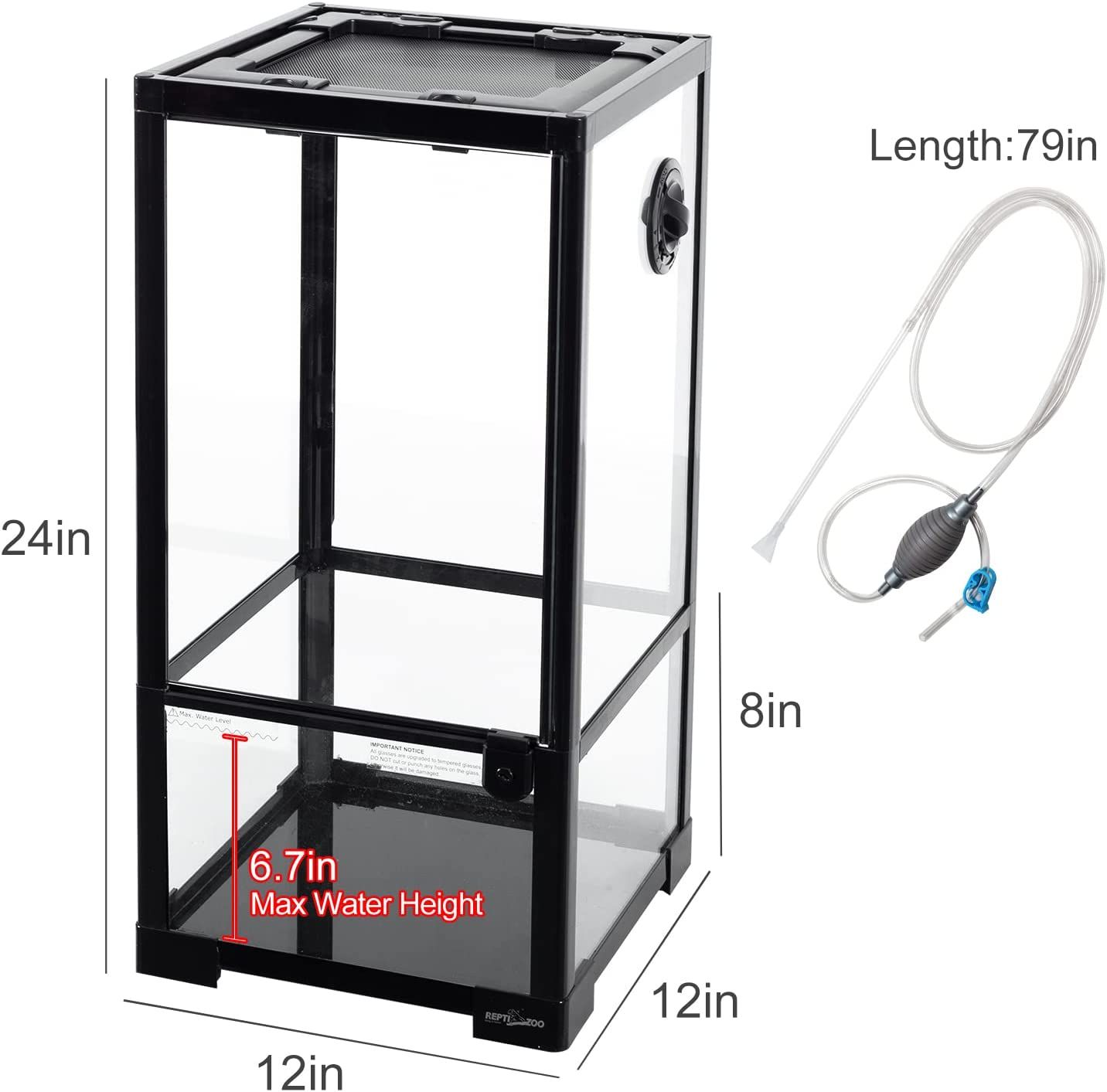 REPTIZOO 15 Gallon Full Glass Reptile Terrarium 12" x 12" x 24" Knock ...