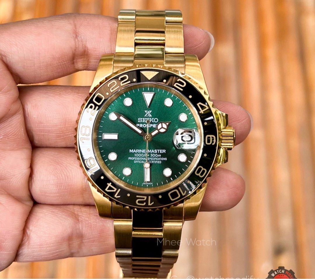 Seiko Mod Gold Green Dial GMT Loki, Men's Fashion, Watches ...