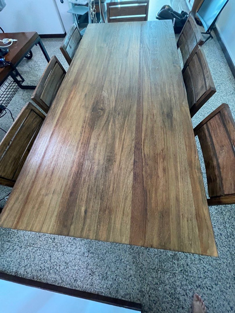 Teak dining table, 2 meters, with 8 chairs full set, Furniture & Home ...