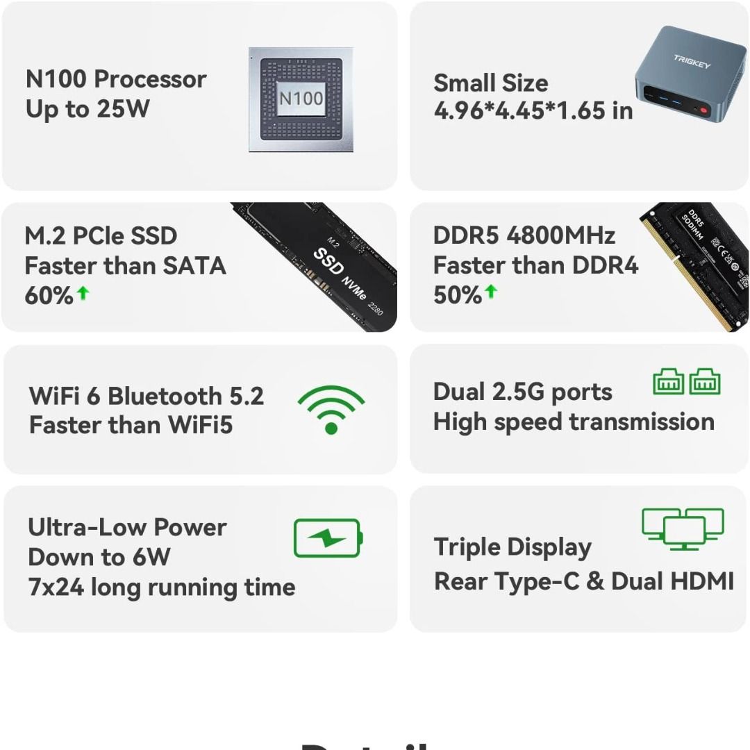 TRIGKEY Green G5 Mini PC 12th Intel Alder Lake- N100(4C/4T, Up to 3.4Hz ...