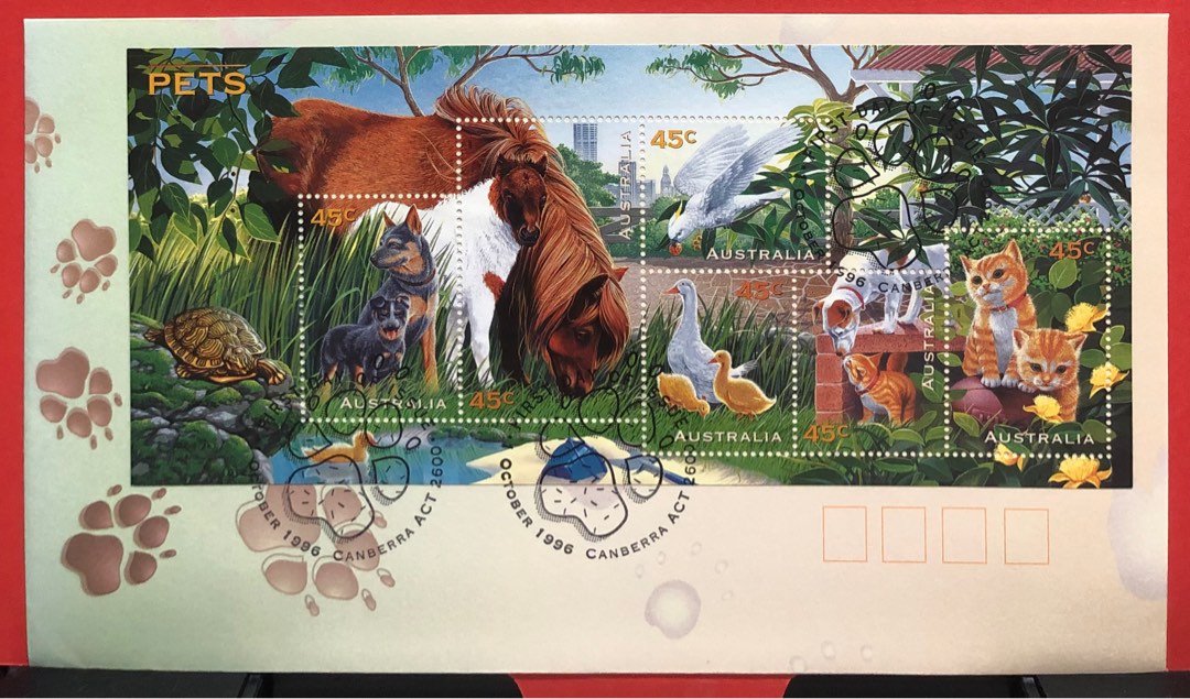 1996 Australia Pets dogs cats birds horses stamps Miniature Sheet FDC ...