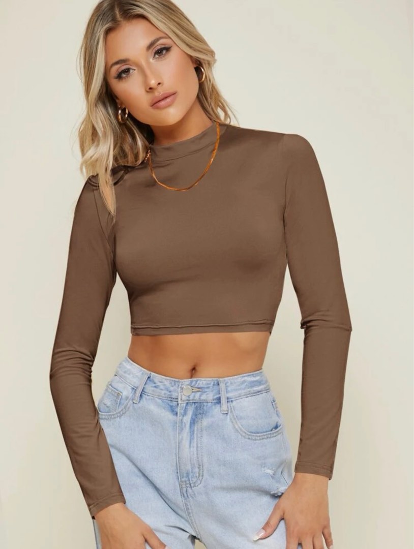 Brown Turtle Neck Cropped Top, Women's Fashion, Tops, Longsleeves on ...