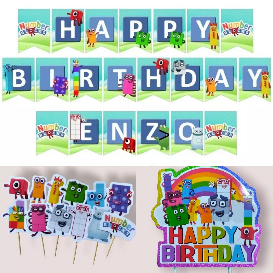 Number Blocks Birthday Party Banner Cupcake Cake Topper Decoration ...
