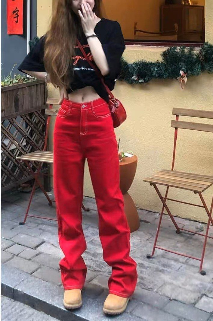 Red denim jeans, Women's Fashion, Bottoms, Jeans & Leggings on Carousell