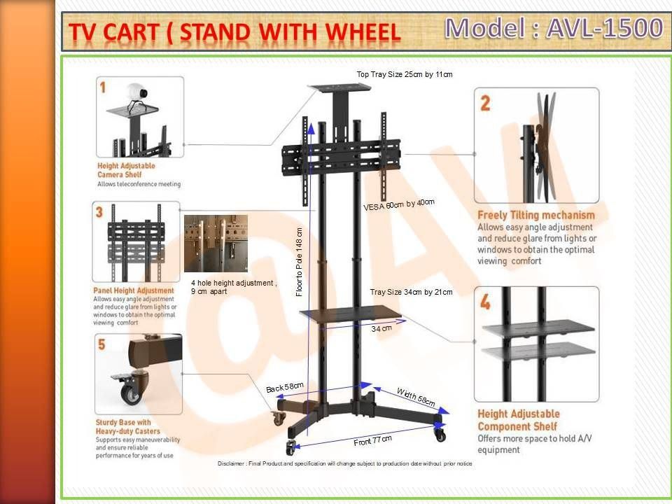 AVL TS1500 / TV Stand / TV Floor Stand / TV Cart with wheels / TV stand Suitable for major TV ...
