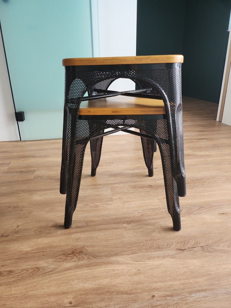 Bamboo Wood with Perforated Black Steel Frame Stools (Pair), Furniture ...
