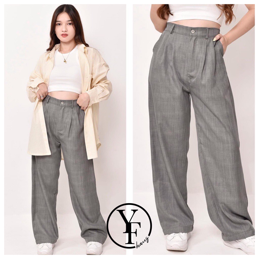 Korean FLEUR Straight High Waist Wide Leg Linen FLOOR TROUSER PANTS ...