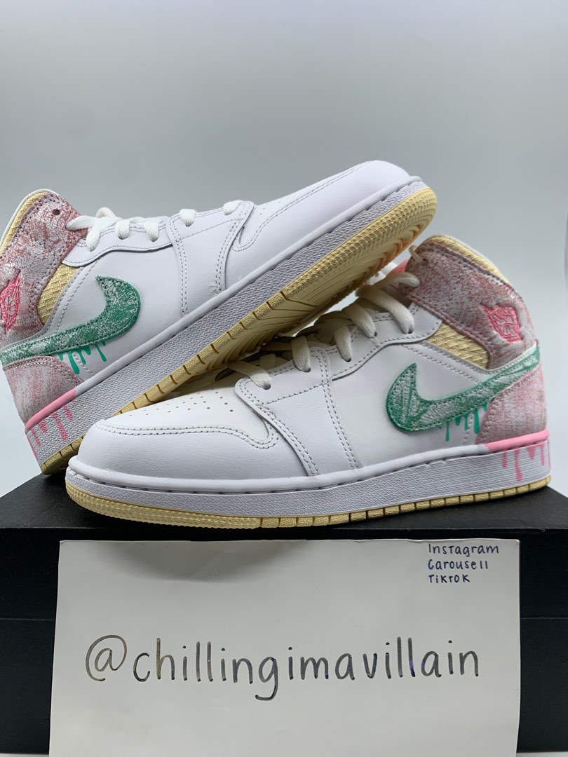 (US 7Y) Nike Air Jordan 1 Mid Cut Top Ice Cream Pink White Tie Dye ...