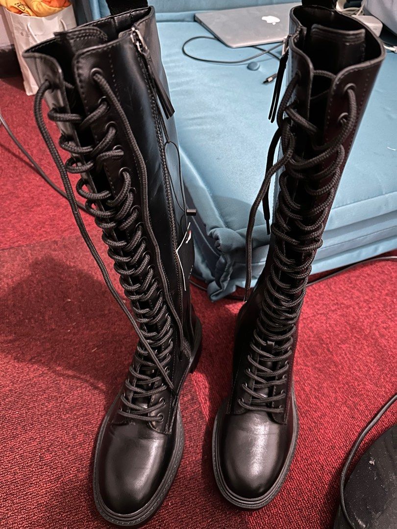 ZARA knee tie leather boots, Women's Fashion, Footwear, Boots on Carousell