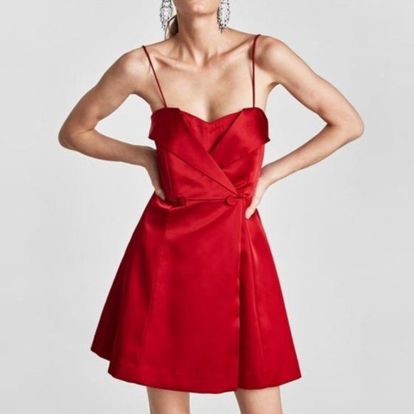 Zara Red satin cocktail dress with suit detail, Women's Fashion ...