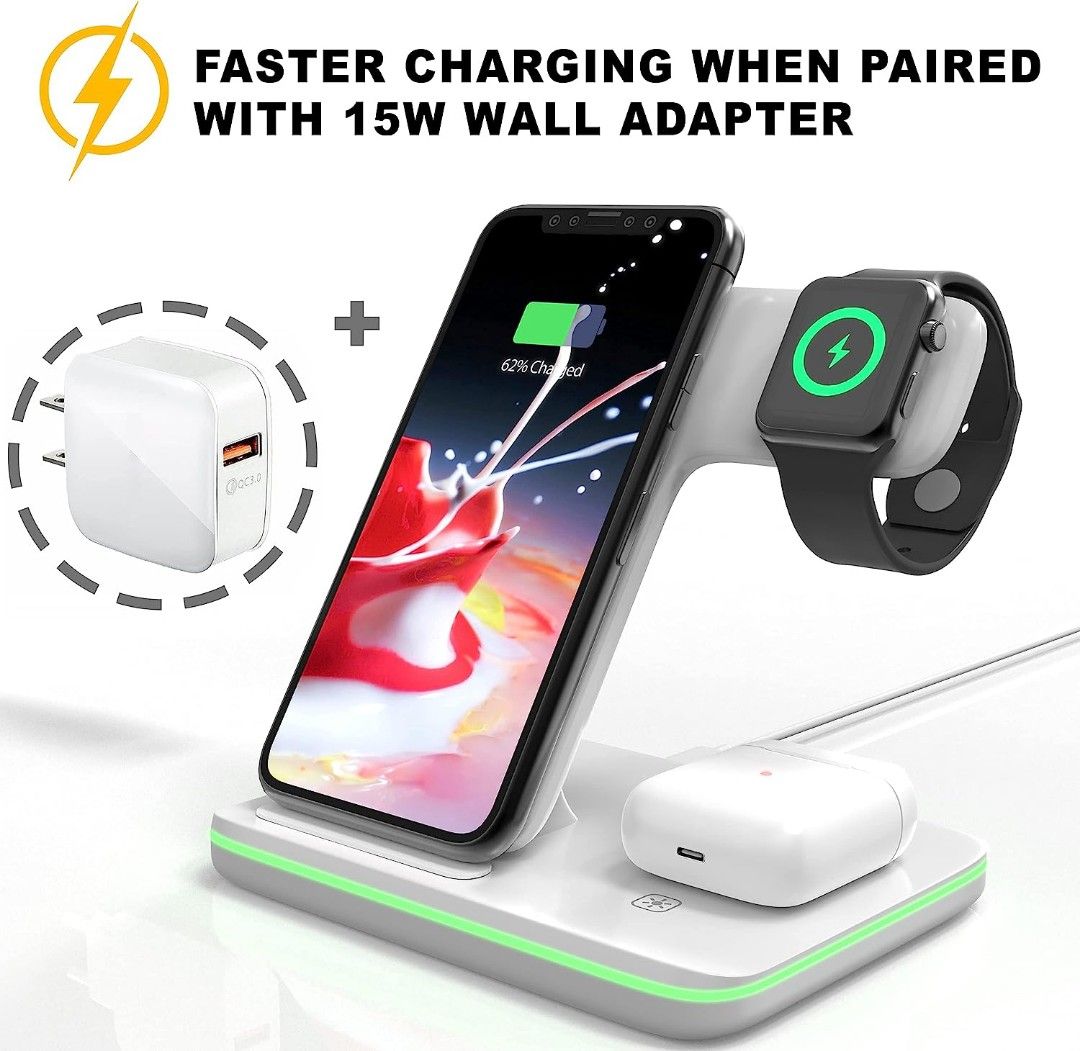 3 in 1 Breathing Light 15W Qi Fast Charging Wireless Charger Dock ...