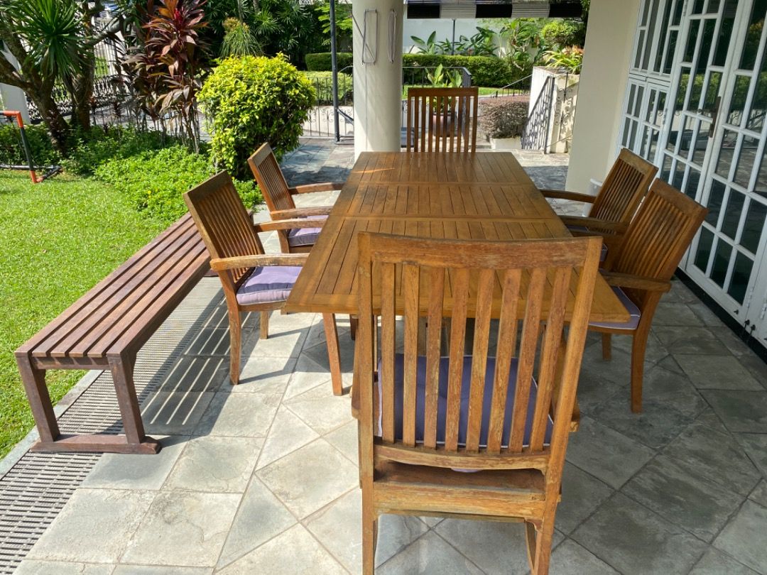 Beautiful solid Timber Extendable Outdoor Table with 6 Chairs & Bench ...
