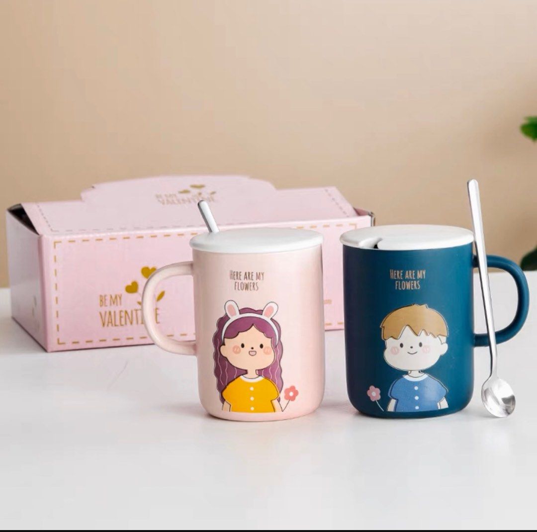 Cartoon ceramic couple cup gift box set, Furniture & Home Living ...
