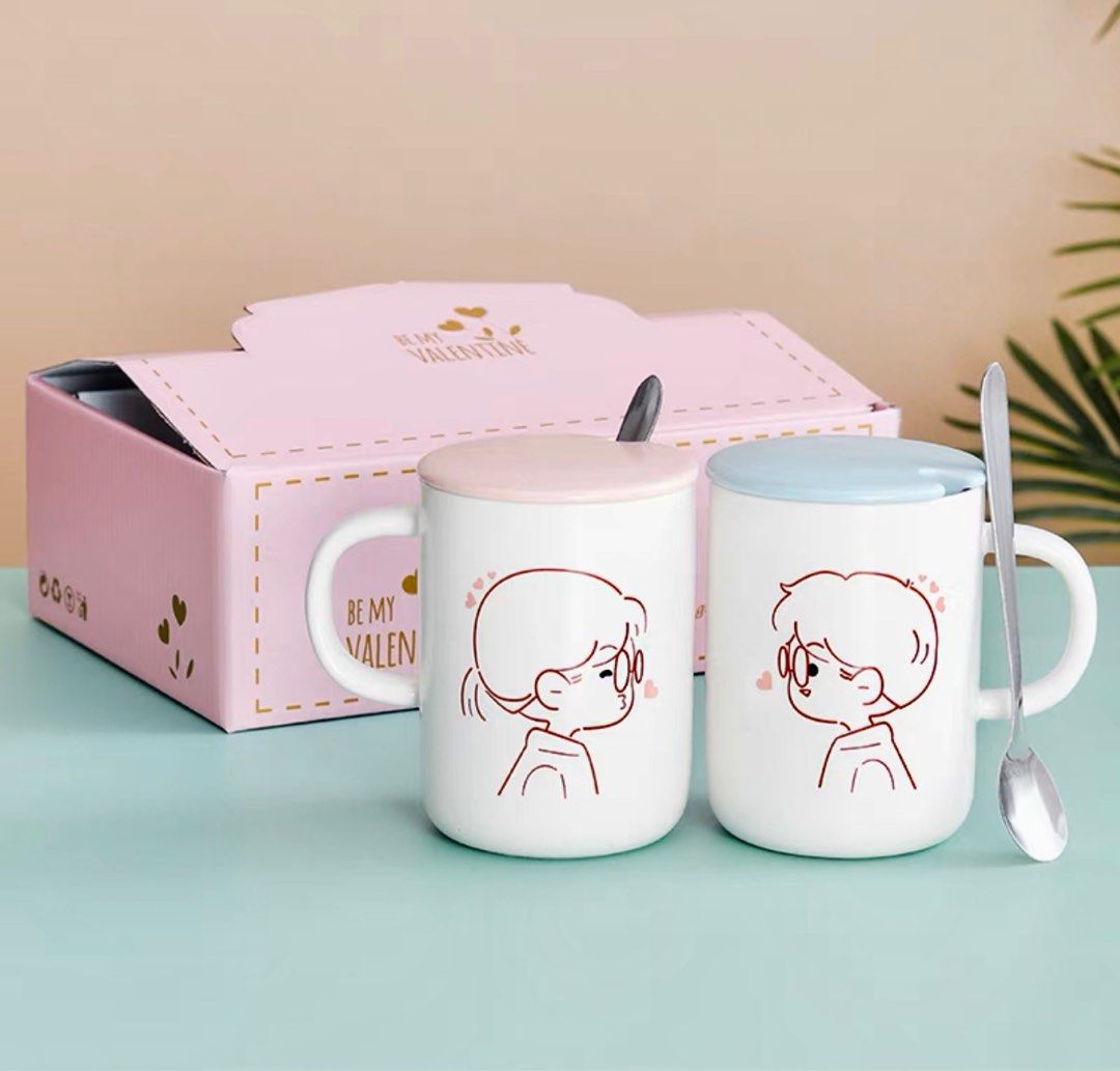 Cartoon ceramic couple cup gift box set, Furniture & Home Living ...