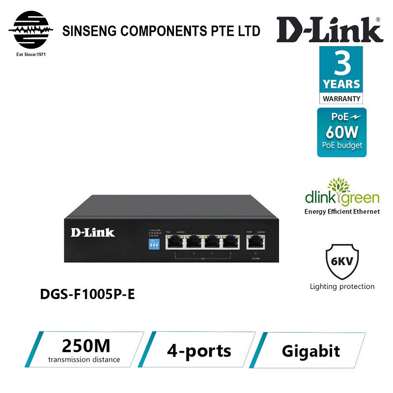 D-Link Gigabit PoE 4 Port PoE Switch + 1 Uplink Gigabit Port [•Full Gigabit •250M •60W •1000Mbps ...