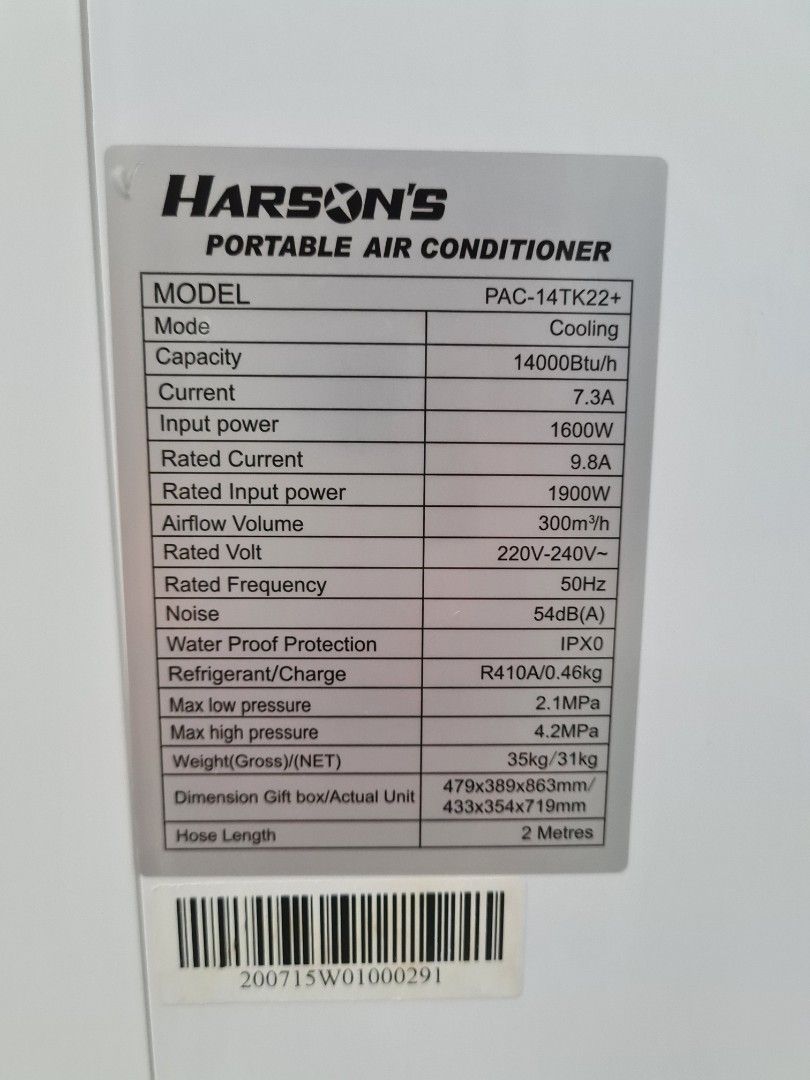 HARSON'S portable air con model PAC-14TK22+, TV & Home Appliances, Air ...