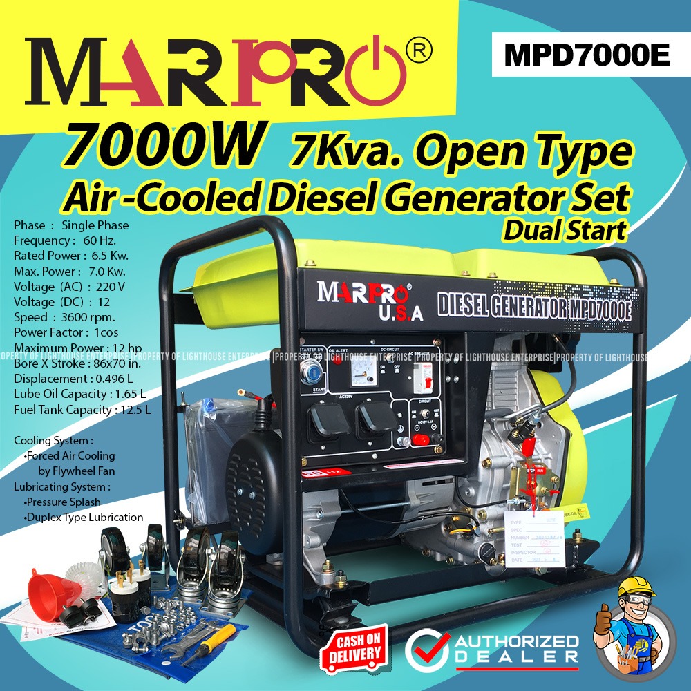 MARPRO USA 7000W / 7Kva Open Type Air-Cooled Diesel Generator Set with ...