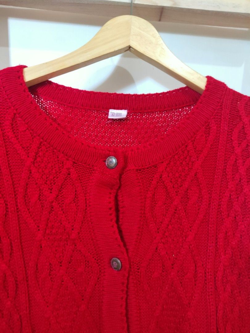 RARE‼️Cardigan Tebal Rajut Kepang Maron Import, Fesyen Wanita, Pakaian ...