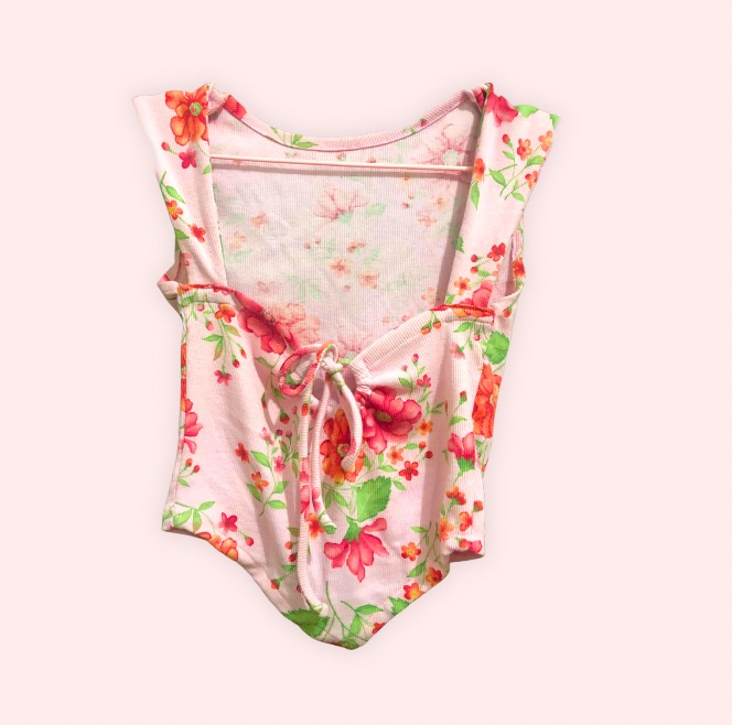 Reworked Pink Floral Strawberry Hibiscus Triangle Tie Top on Carousell