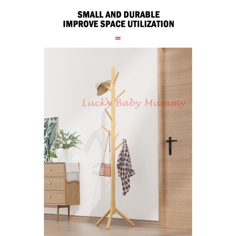 Solid Wood Standing Clothes Hanger Hat Free Stand Coat Rack Wooden Coat ...