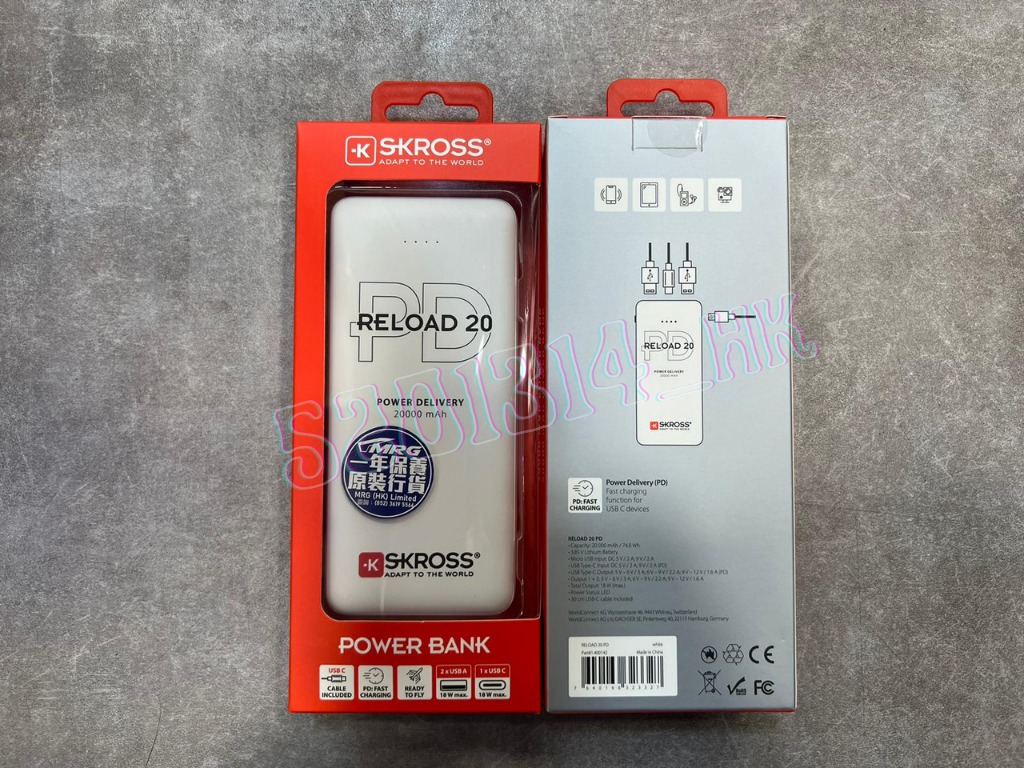 【全新行貨 門市現貨】SKROSS Reload 20 Power Bank 20000 mAh, 手提電話, 電話及其他裝置配件, 電池及 ...