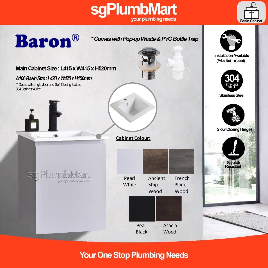 Baron x sgPlumbMart A106/A106B Stainless Steel Basin Cabinet Set with Ceramic Basin, Furniture ...