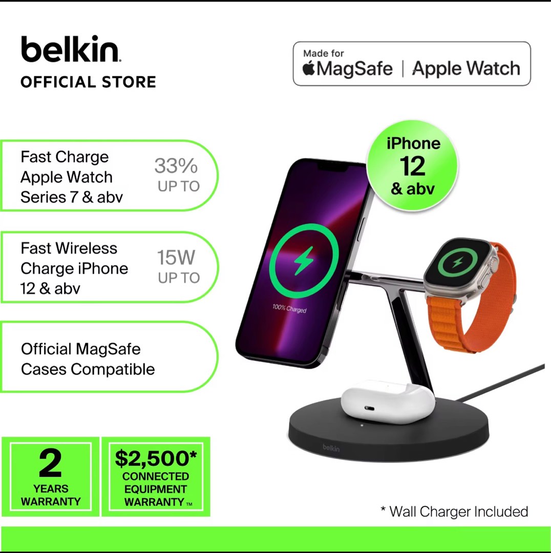 Belkin BOOST CHARGE PRO 3-in-1 Wireless Charging Stand with MagSafe ...