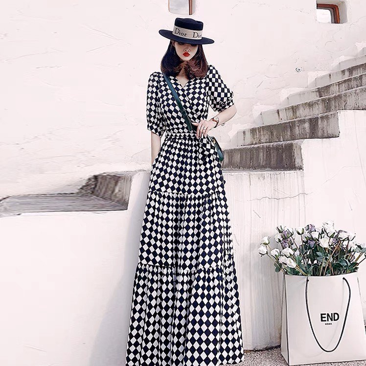 Checkers Wraparound Maxi Dress, Women's Fashion, Dresses & Sets ...