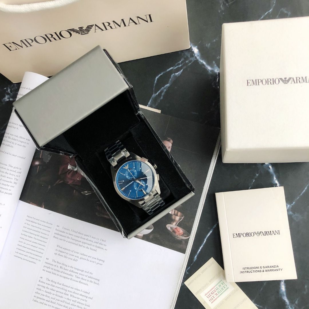 Emporio Armani手錶 亞曼尼手錶 石英錶 黑色藍面鋼帶錶 大直徑手錶男 三眼計時日曆防水手錶 新品AR11481 多功能時尚休閒腕 ...