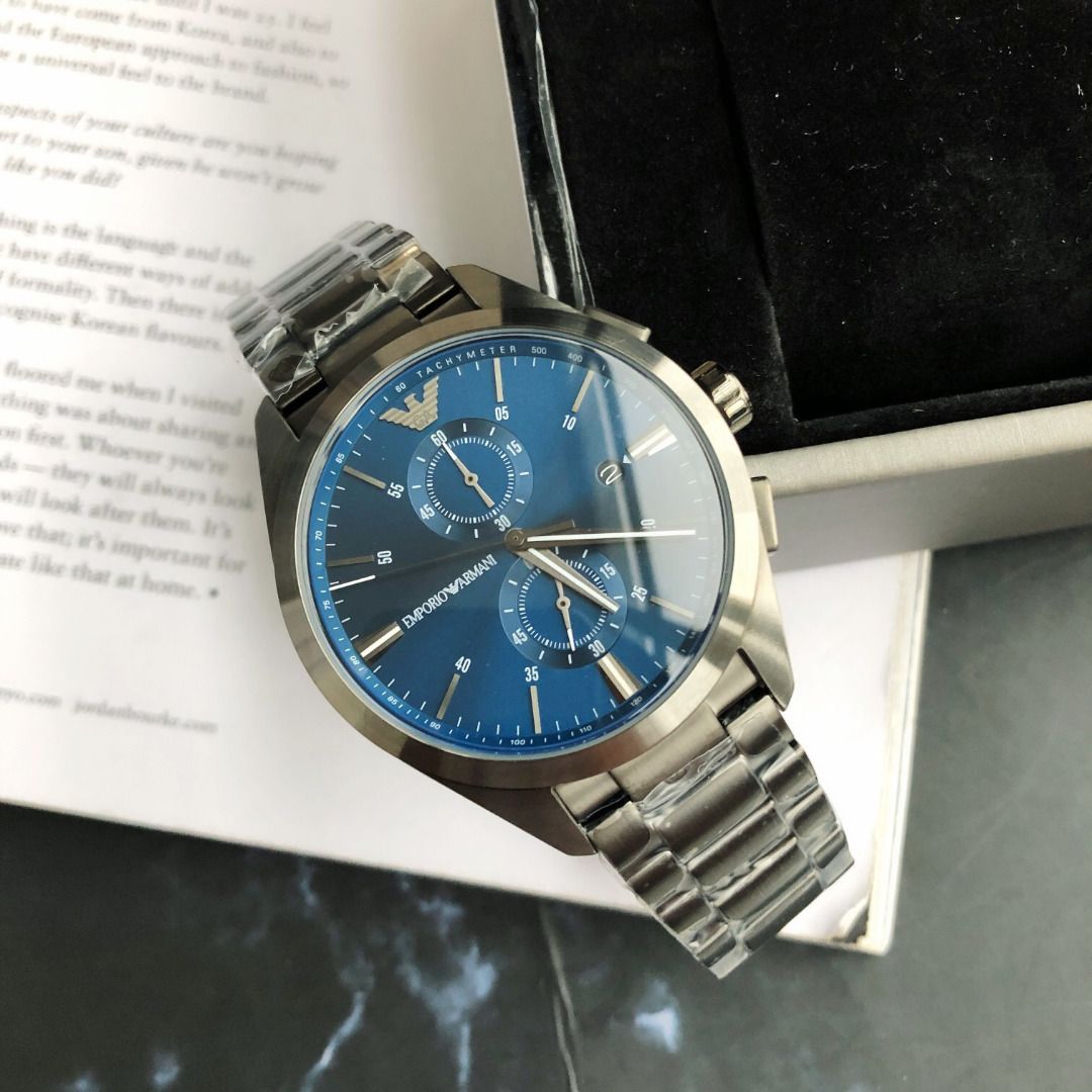 Emporio Armani手錶 亞曼尼手錶 石英錶 黑色藍面鋼帶錶 大直徑手錶男 三眼計時日曆防水手錶 新品AR11481 多功能時尚休閒腕 ...