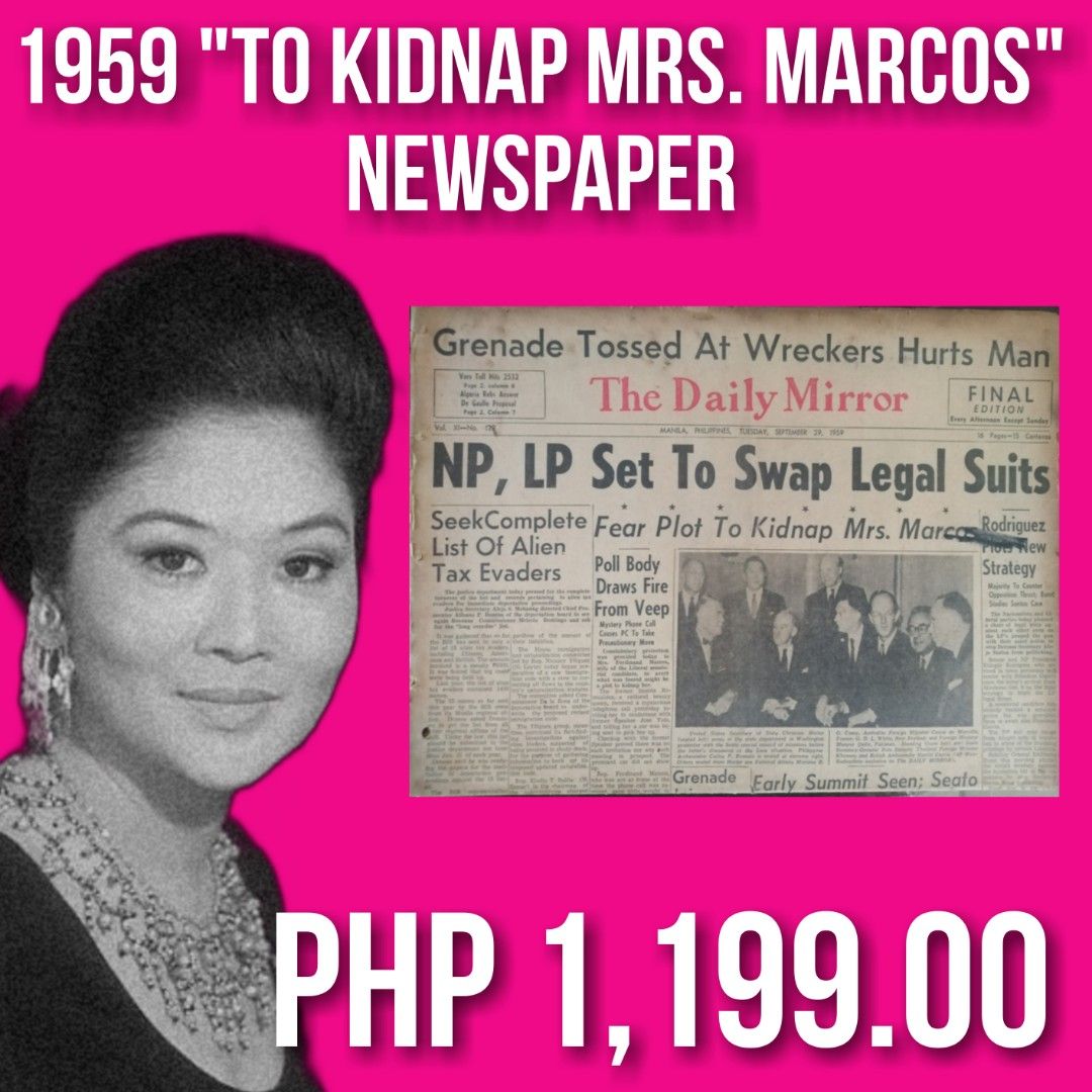 (EXTREMELY RARE) 1959 "TO KIDNAP MRS. MARCOS"Newspaper, Hobbies & Toys ...